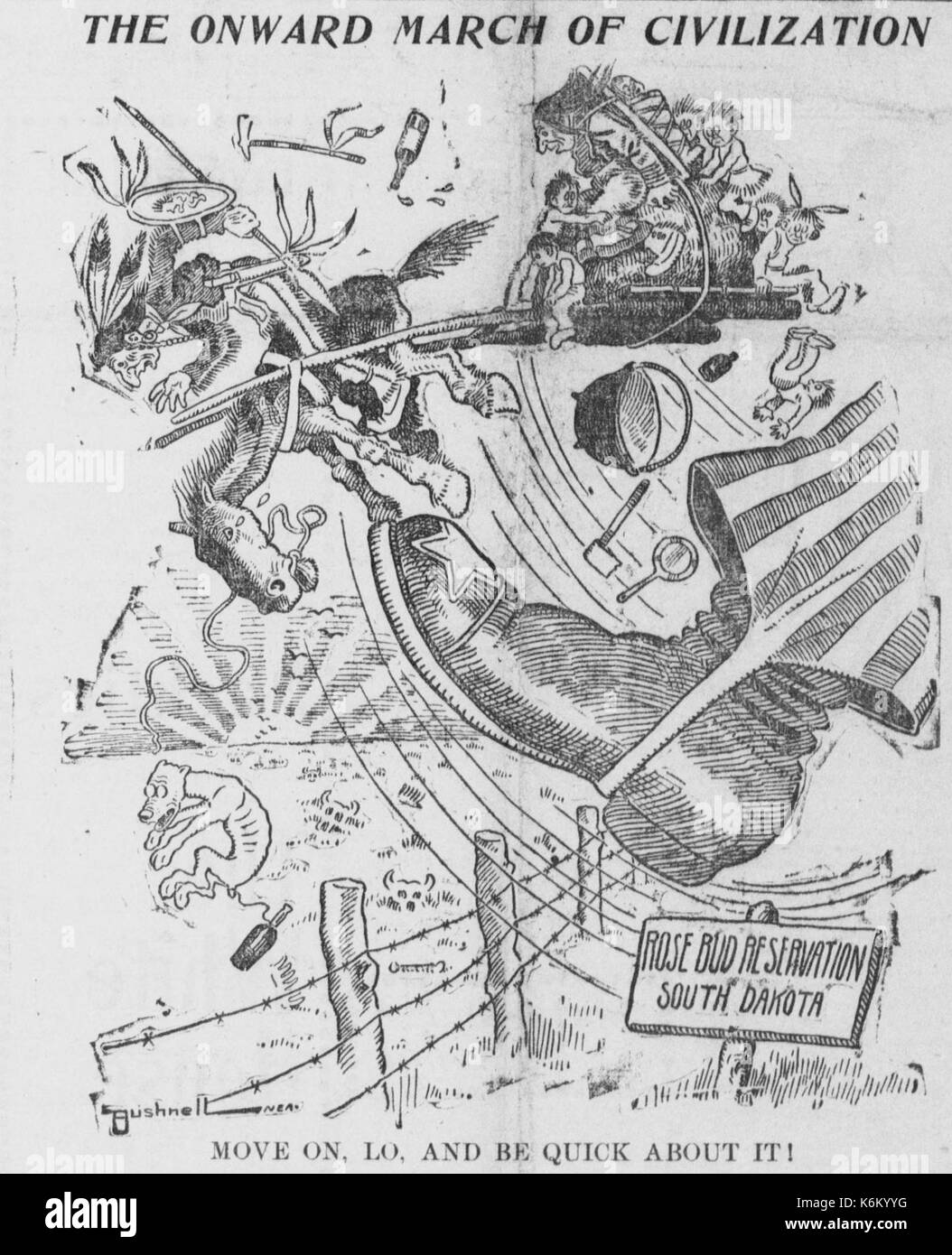 Bushnell cartoon about evicting the Sioux from South Dakota Stock Photo ...