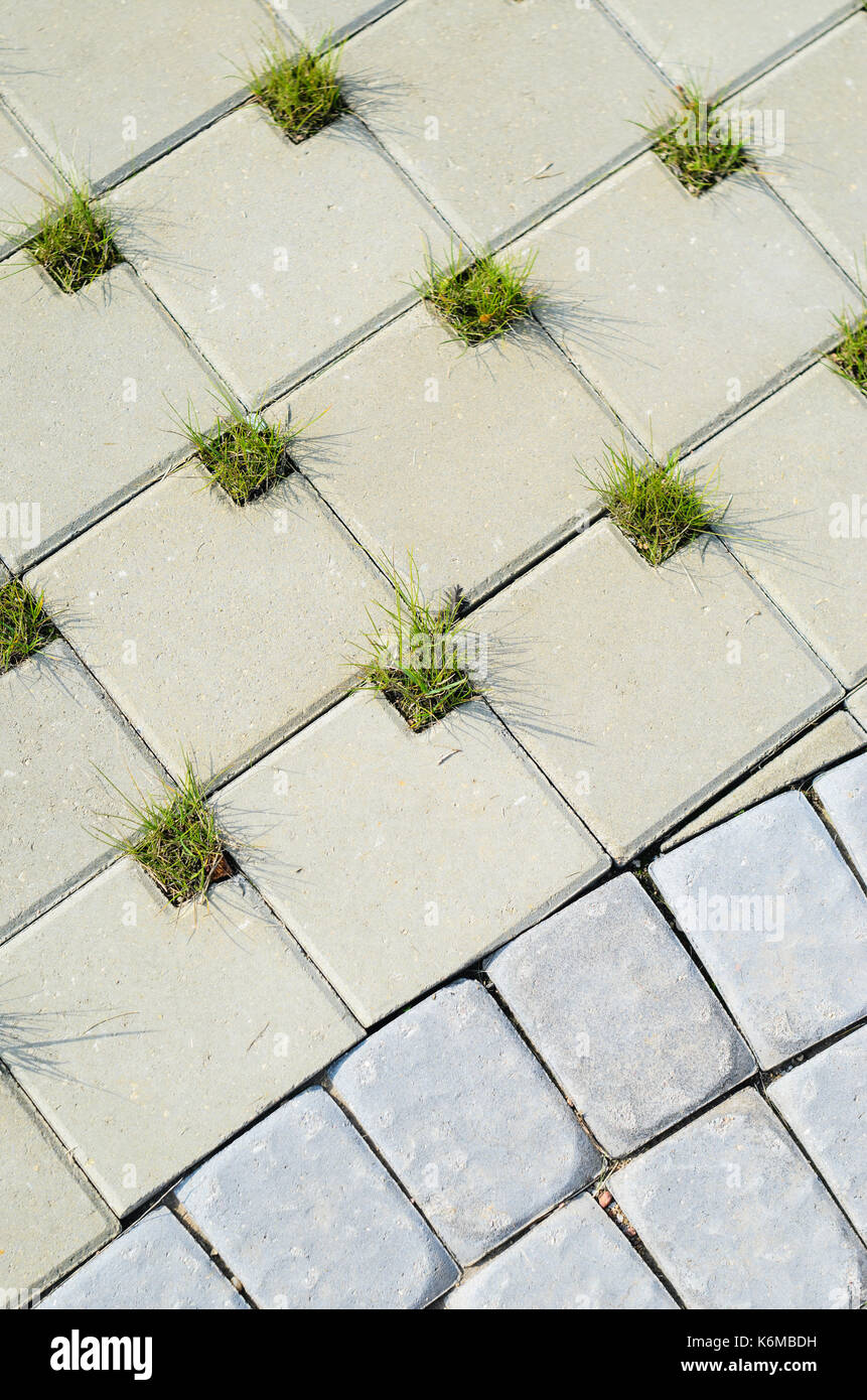 Square Grey Concrete Cobblestones with Holes for Grass Top View. Grey ...
