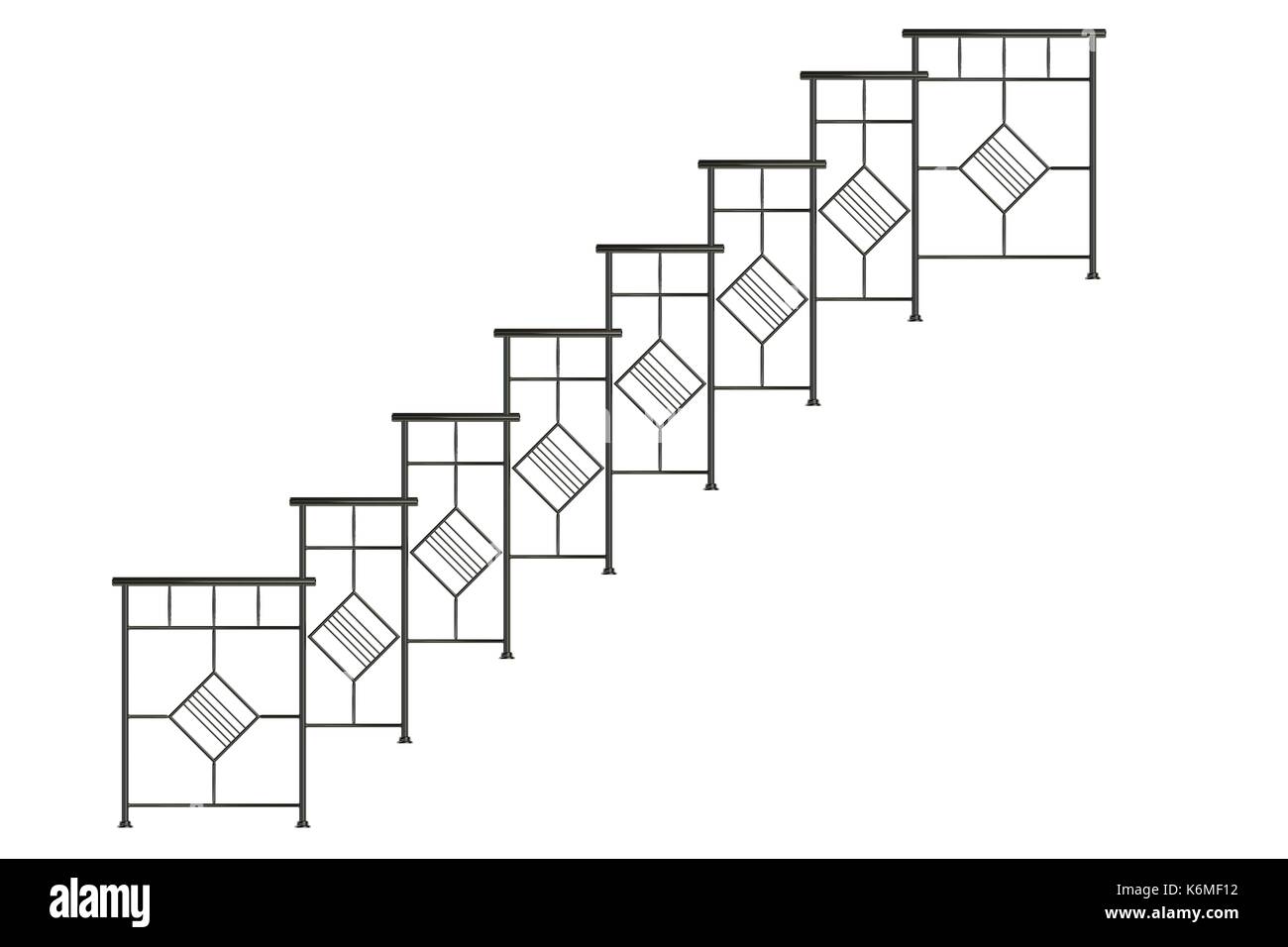 3d rendering of a metalic front view stairs rails isolated on a white ...