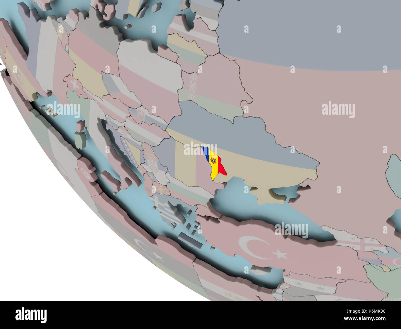 Map of Moldova on political globe with embedded flags. 3D illustration ...