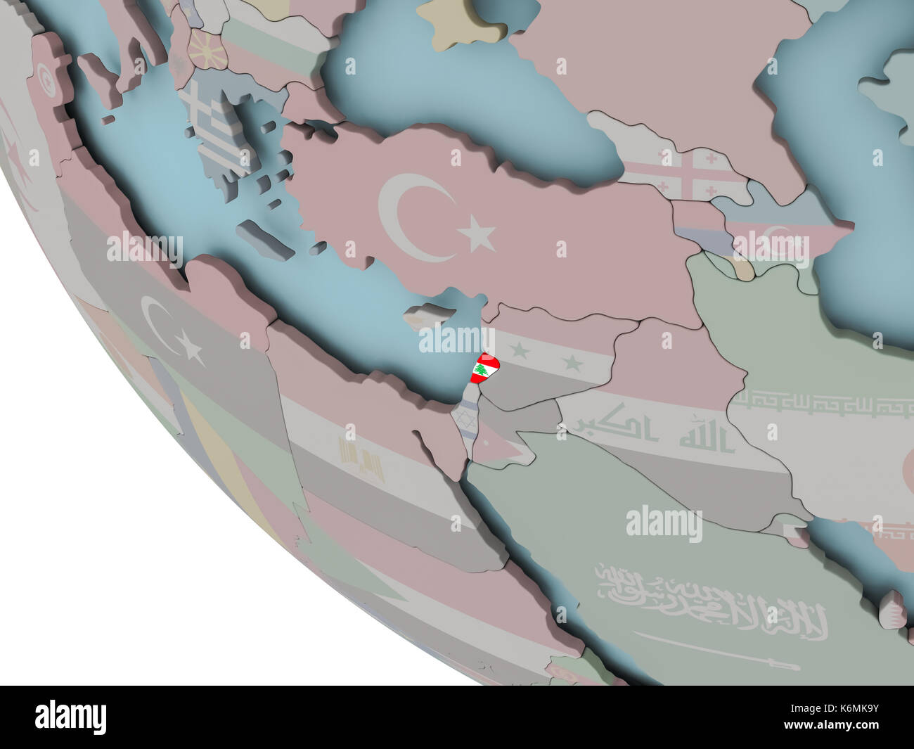 Map of Lebanon on political globe with embedded flags. 3D illustration ...
