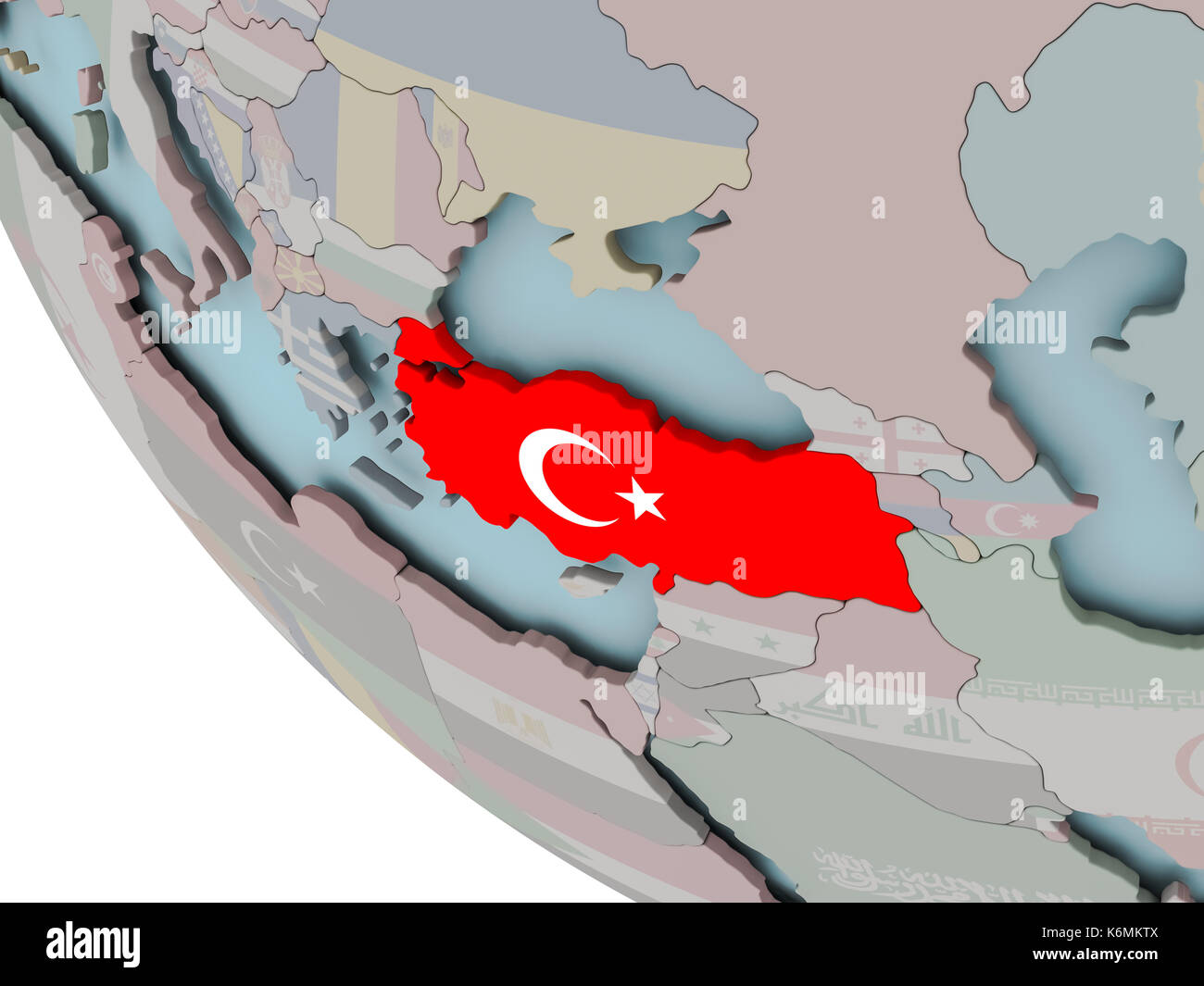 Map of Turkey on political globe with embedded flags. 3D illustration ...
