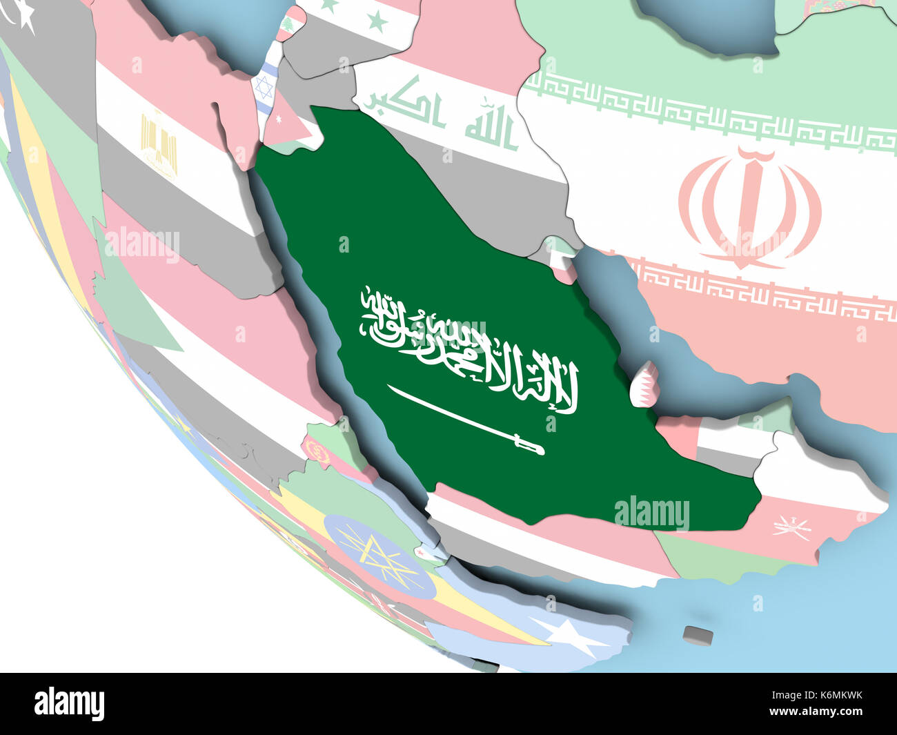 Saudi Arabia on bright political globe with embedded flag. 3D ...