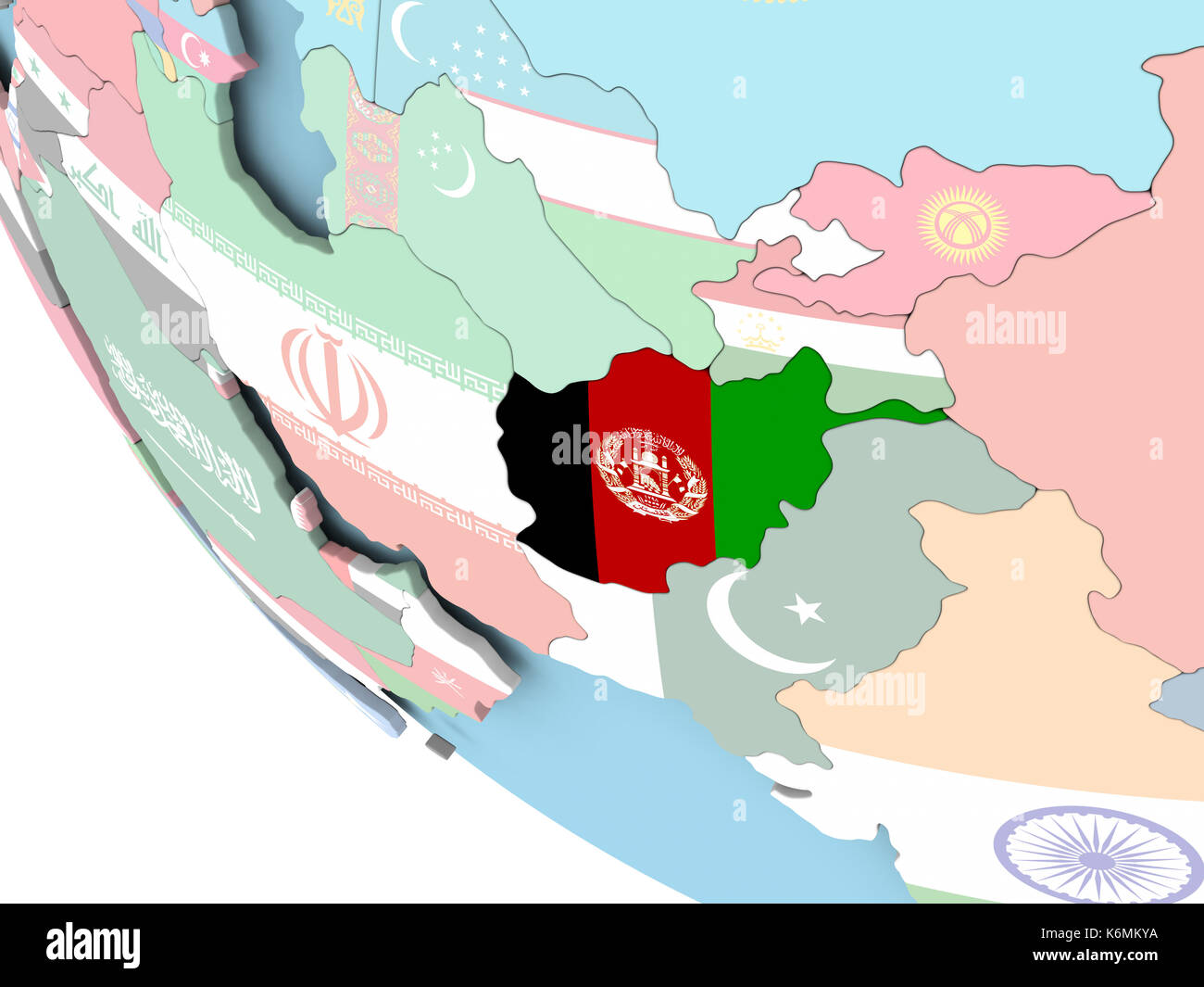Afghanistan on bright political globe with embedded flag. 3D ...