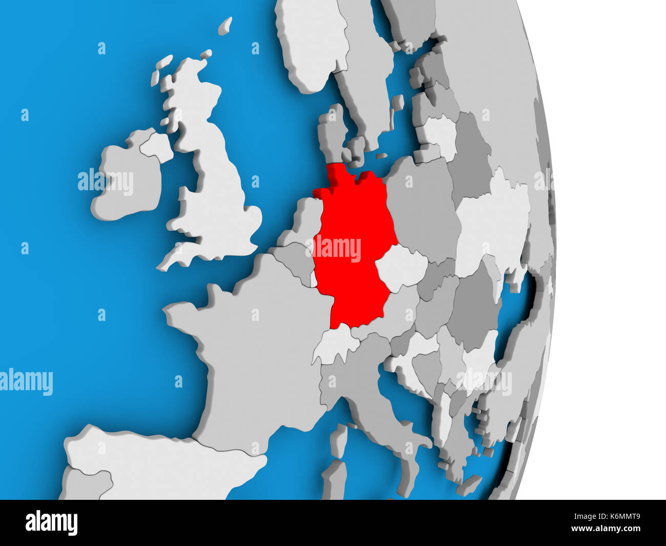 Germany in red on model of political globe. 3D illustration Stock Photo ...