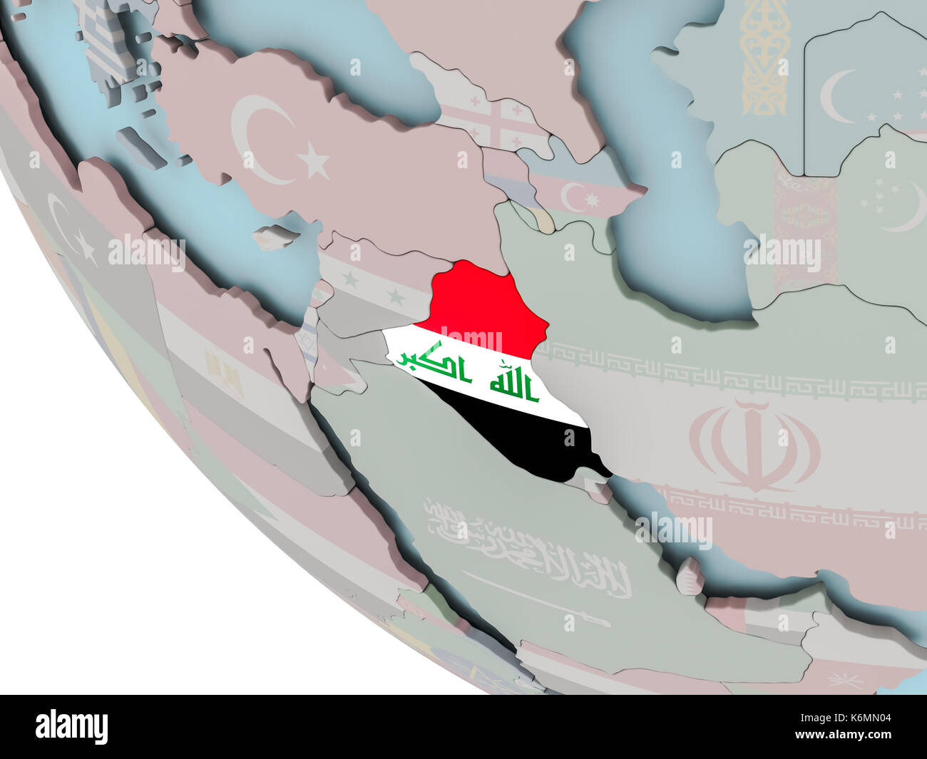 Map of Iraq on political globe with embedded flags. 3D illustration ...