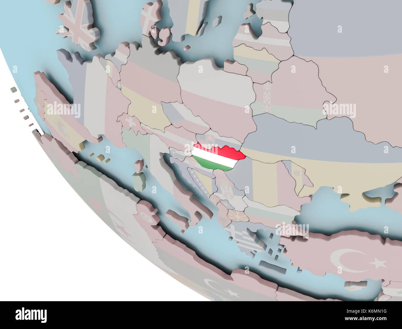 Map of Hungary on political globe with embedded flags. 3D illustration ...