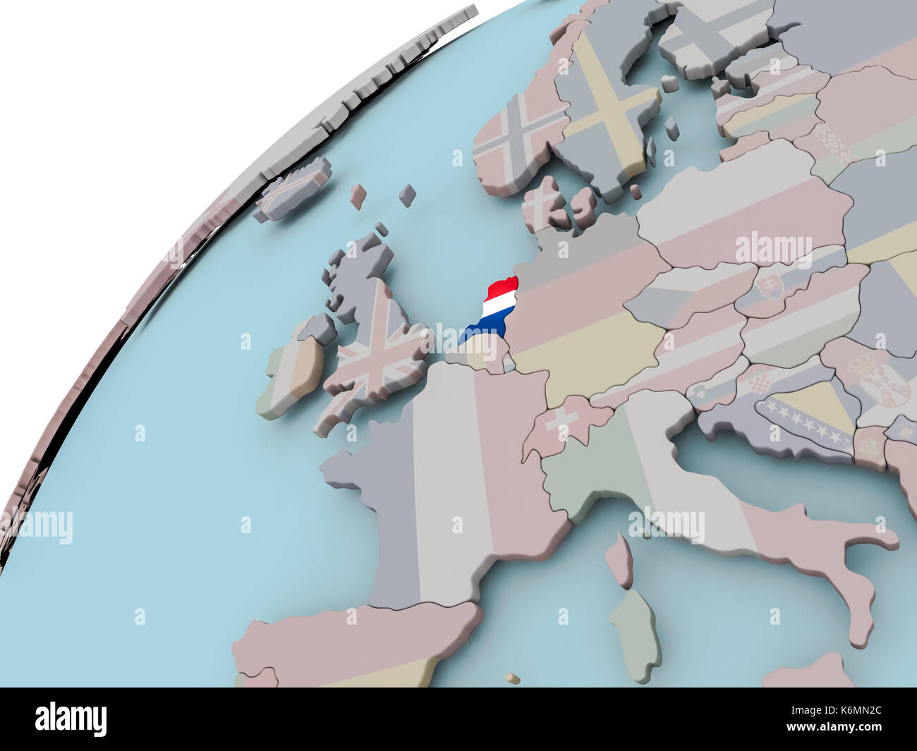 Netherlands on political globe with embedded flags. 3D illustration ...