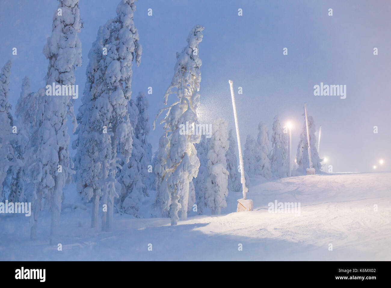 Beautiful cold mountain view of ski resort, sunny winter day with slope ...