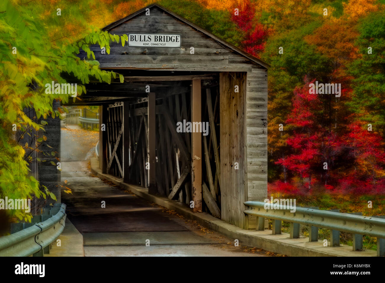 Bulls Covered Bridge - Autumn at Bull's Bridge. A single-lane vehicular ...