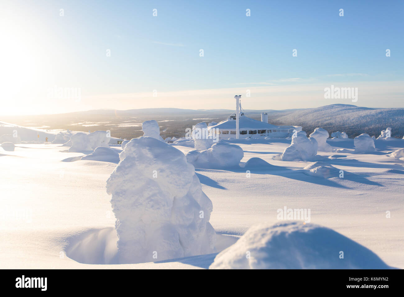Beautiful cold mountain view of ski resort, sunny winter day with slope ...