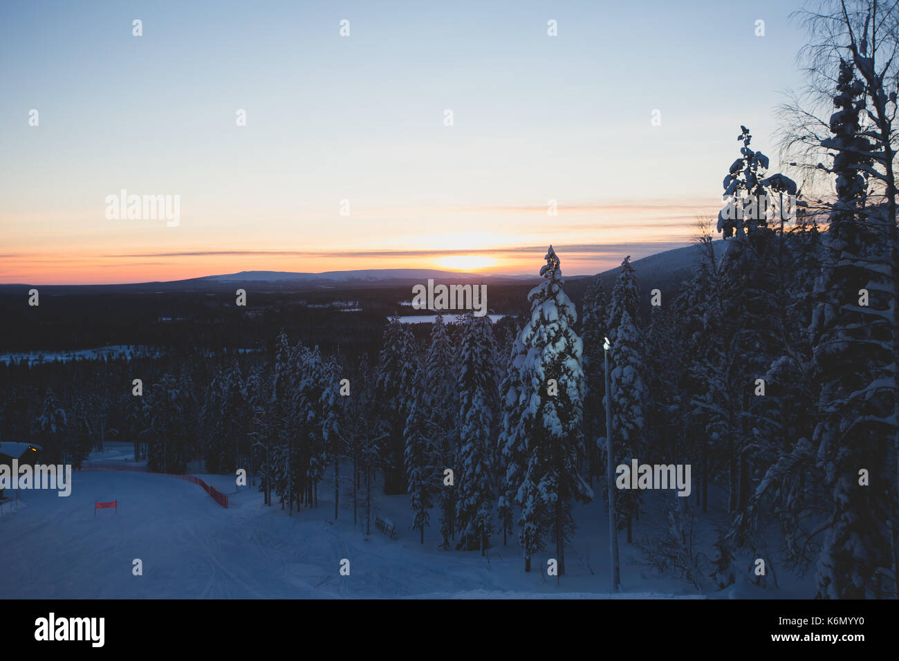 Beautiful cold mountain view of ski resort, sunny winter day with slope ...