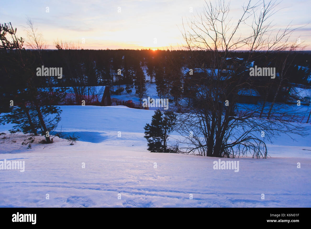 Beautiful cold mountain view of ski resort, sunny winter day with slope ...