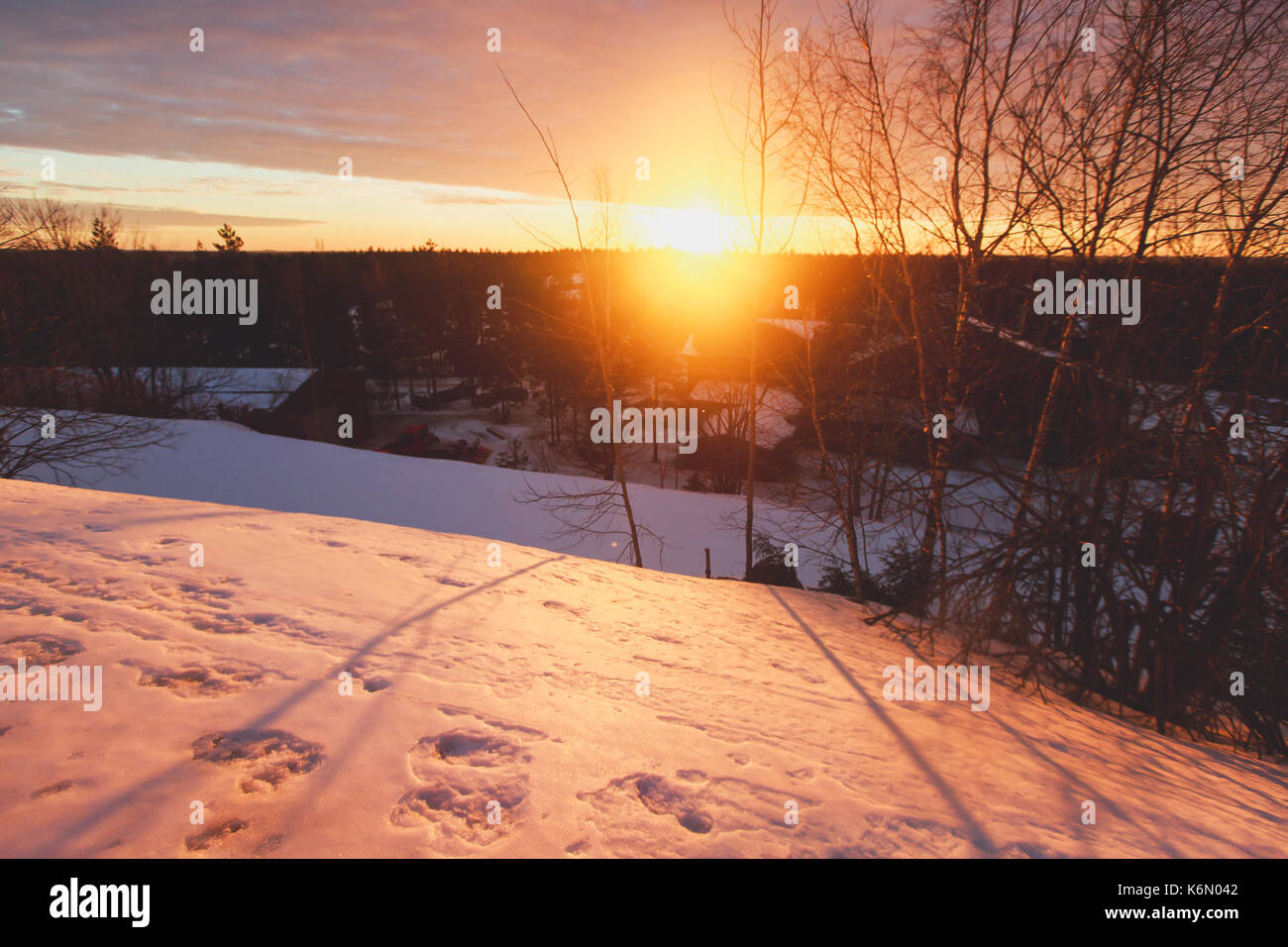 Beautiful cold mountain view of ski resort, sunny winter day with slope ...
