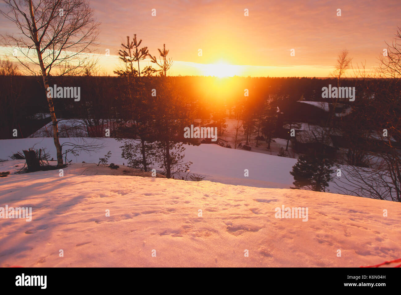 Beautiful cold mountain view of ski resort, sunny winter day with slope ...