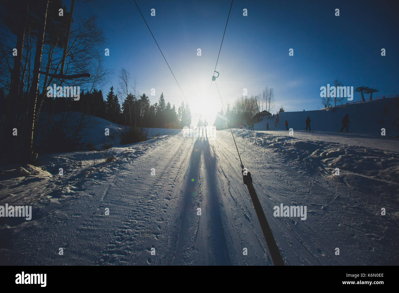 Beautiful cold mountain view of ski resort, sunny winter day with slope ...