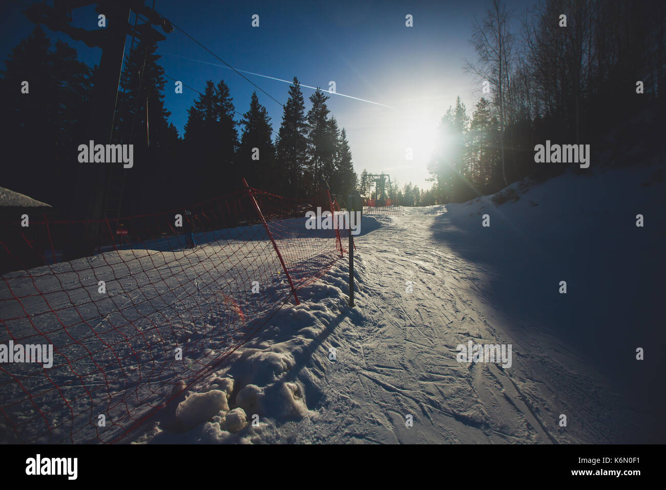 Beautiful cold mountain view of ski resort, sunny winter day with slope ...