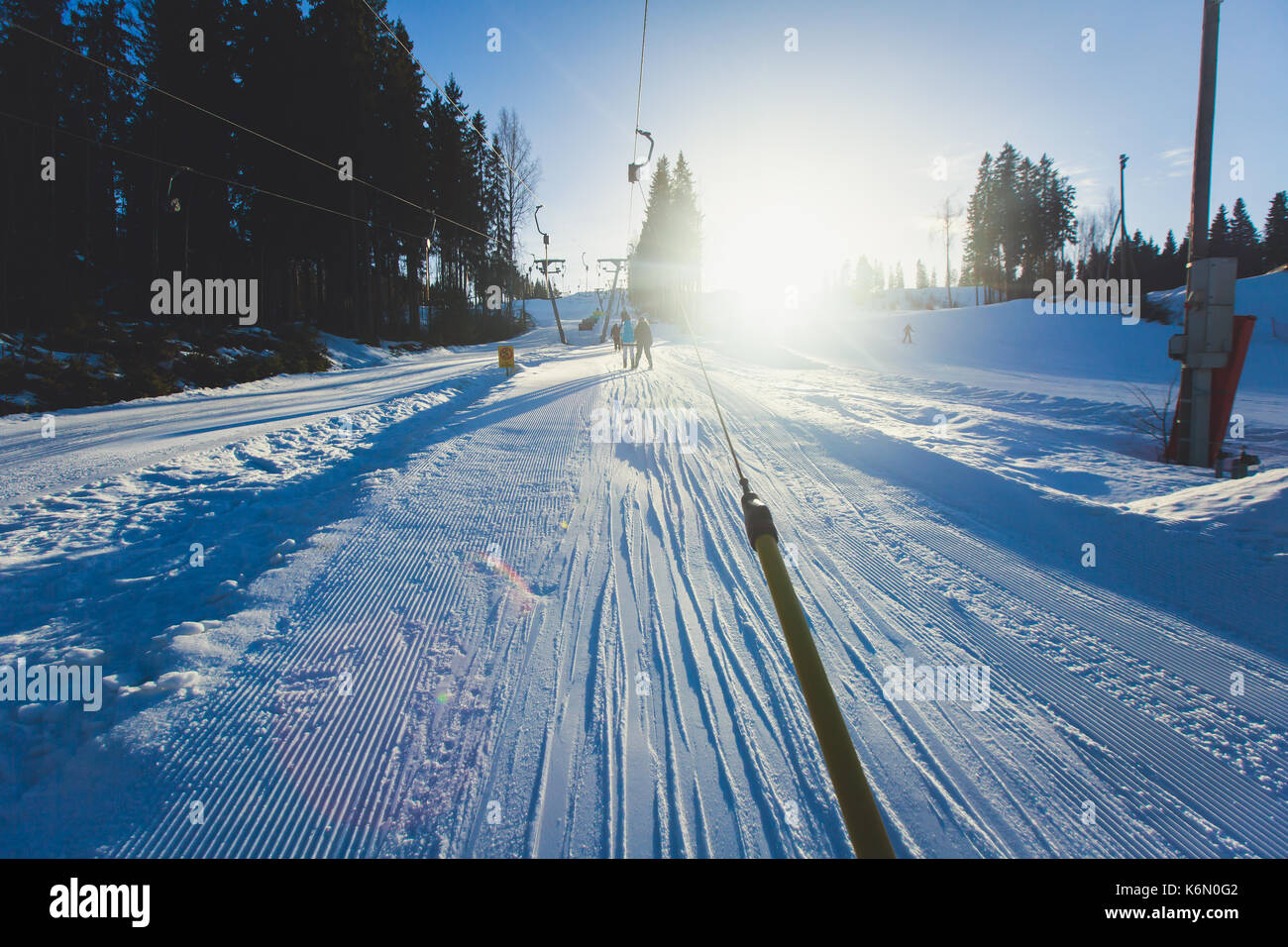 Beautiful cold mountain view of ski resort, sunny winter day with slope ...