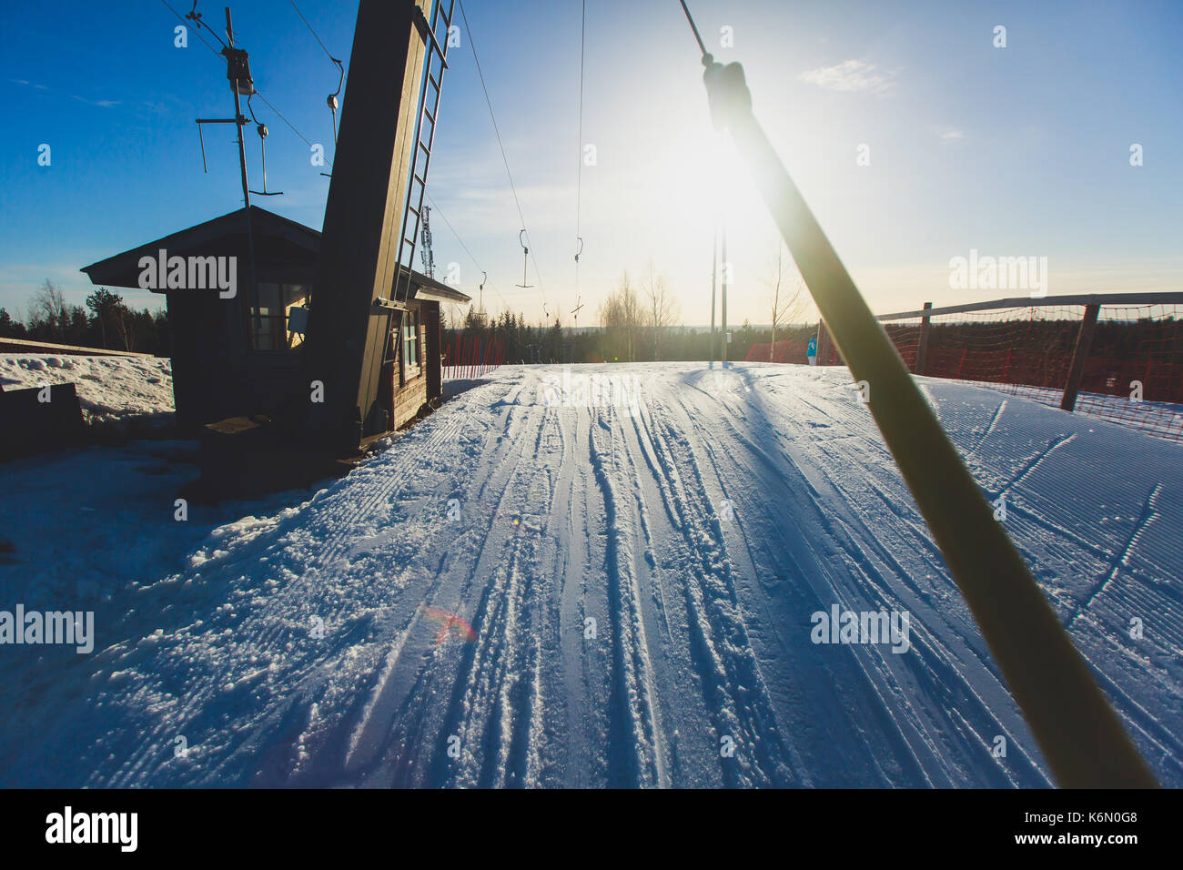 Beautiful cold mountain view of ski resort, sunny winter day with slope ...