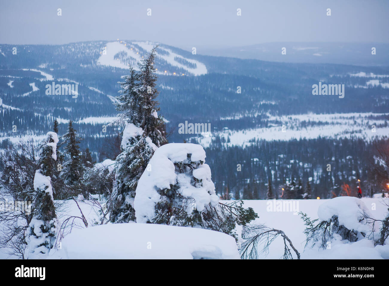 Beautiful cold mountain view of ski resort, sunny winter day with slope ...