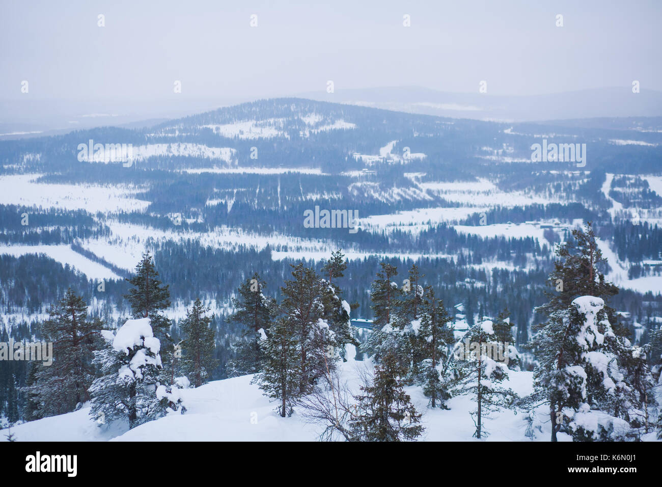 Beautiful cold mountain view of ski resort, sunny winter day with slope ...