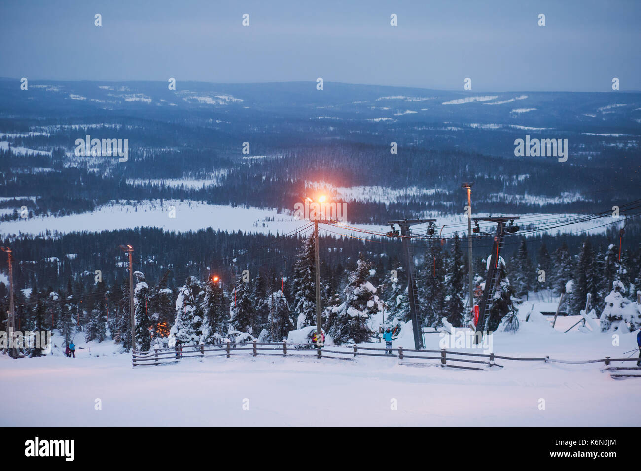 Beautiful cold mountain view of ski resort, sunny winter day with slope ...