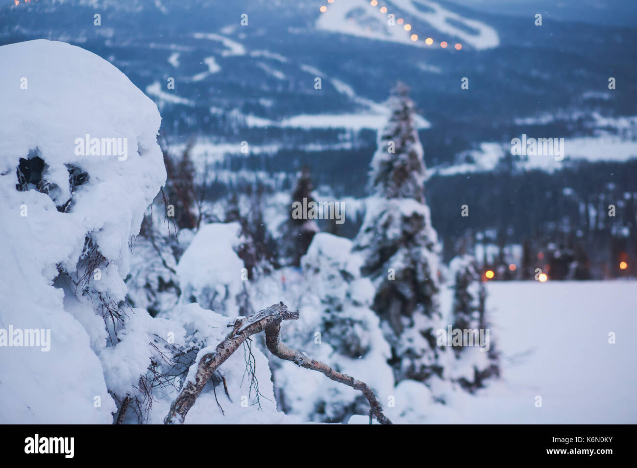 Beautiful cold mountain view of ski resort, sunny winter day with slope ...