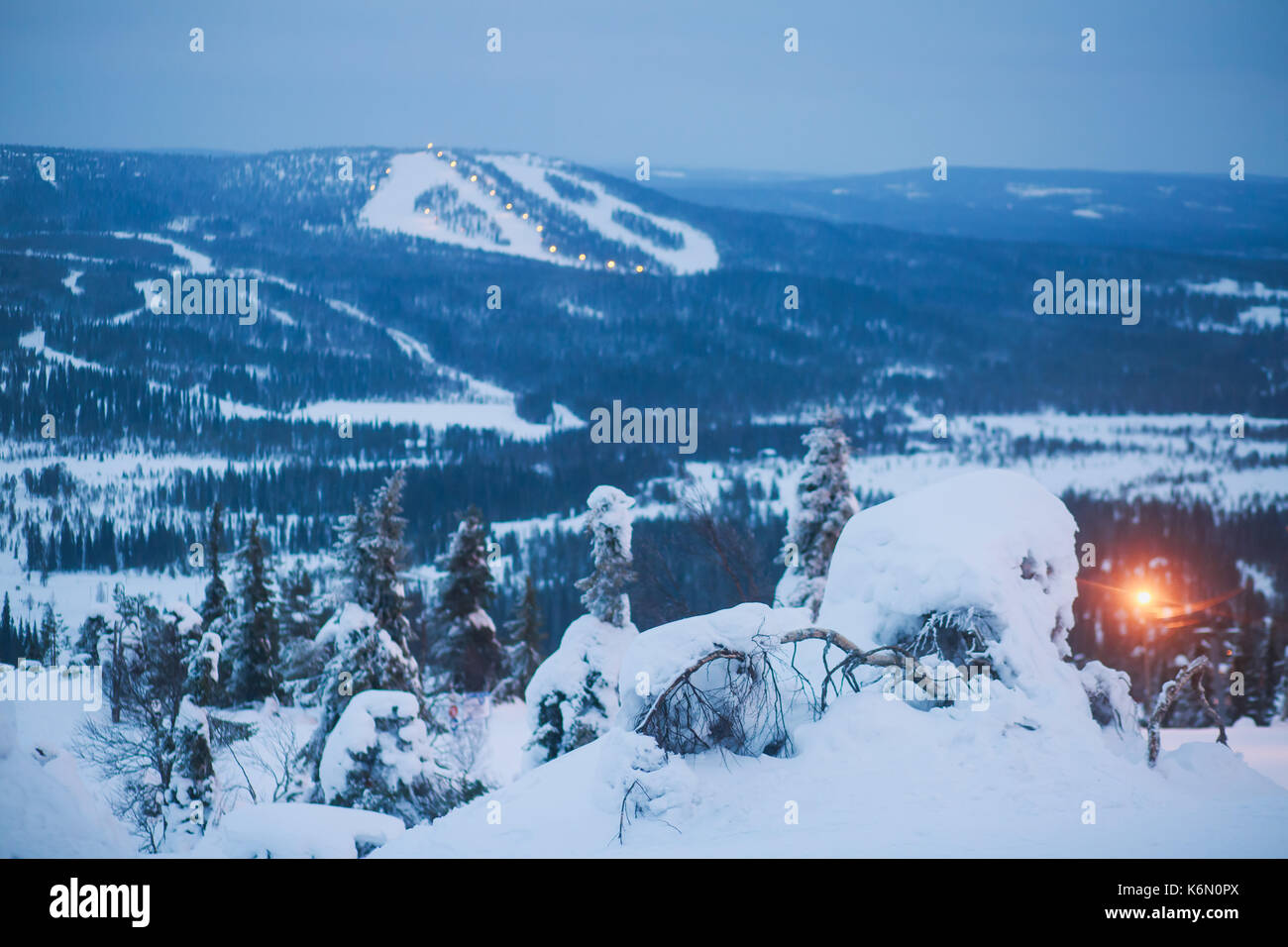 Beautiful cold mountain view of ski resort, sunny winter day with slope ...