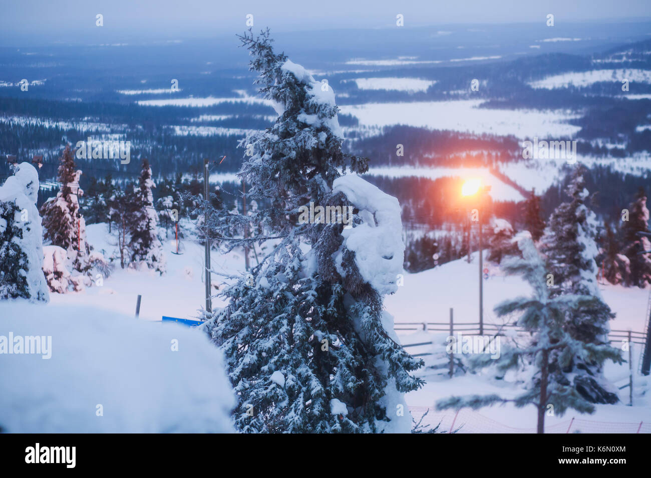Beautiful cold mountain view of ski resort, sunny winter day with slope ...