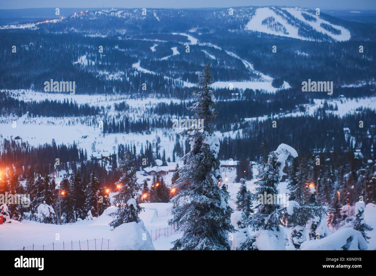 Beautiful cold mountain view of ski resort, sunny winter day with slope ...