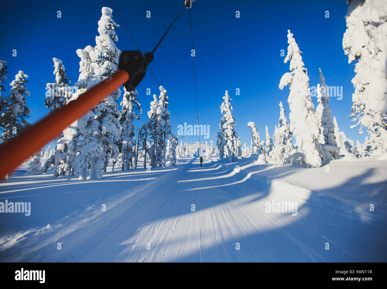 Beautiful cold mountain view of ski resort, sunny winter day with slope ...