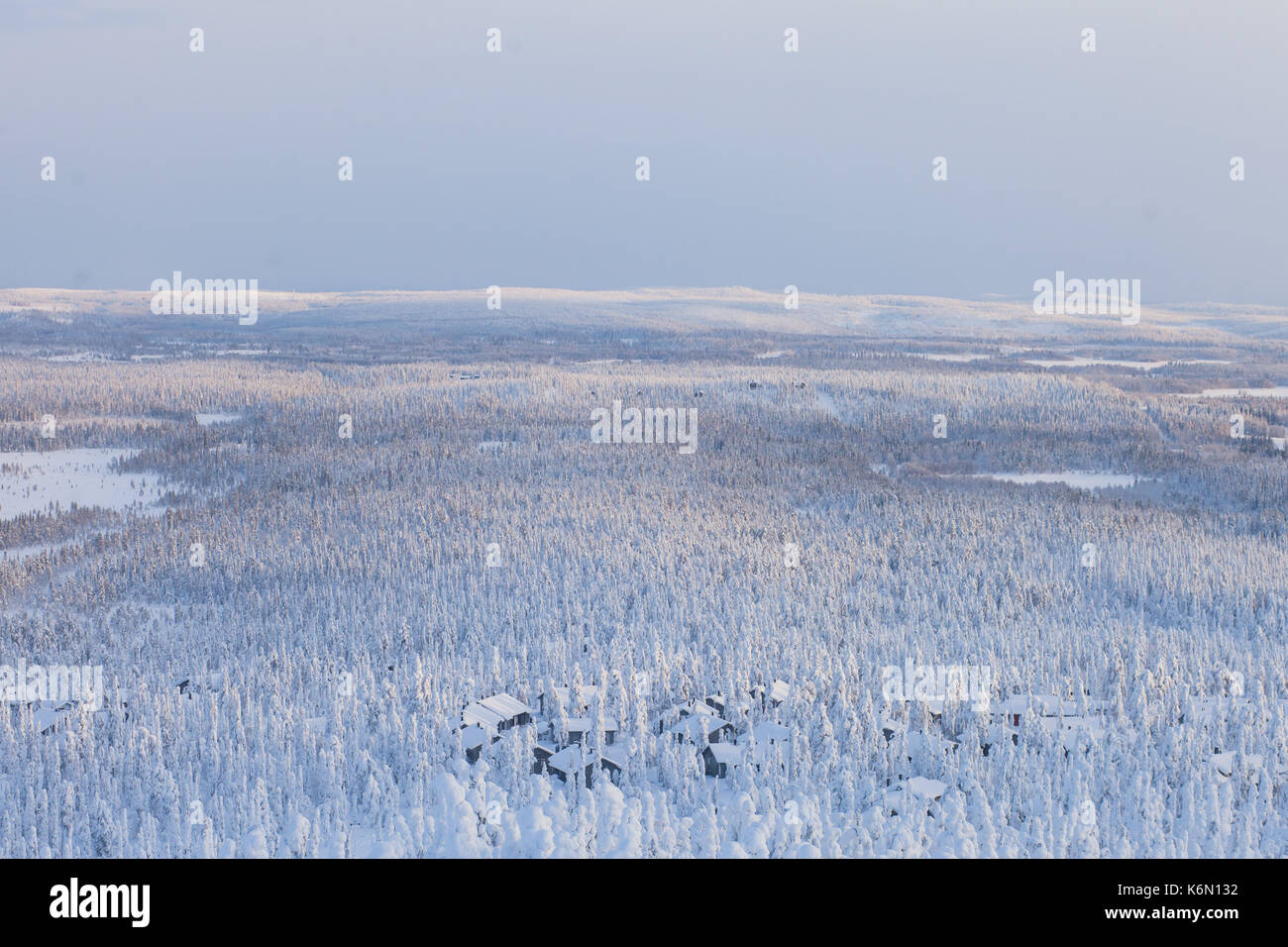 Beautiful cold mountain view of ski resort, sunny winter day with slope ...