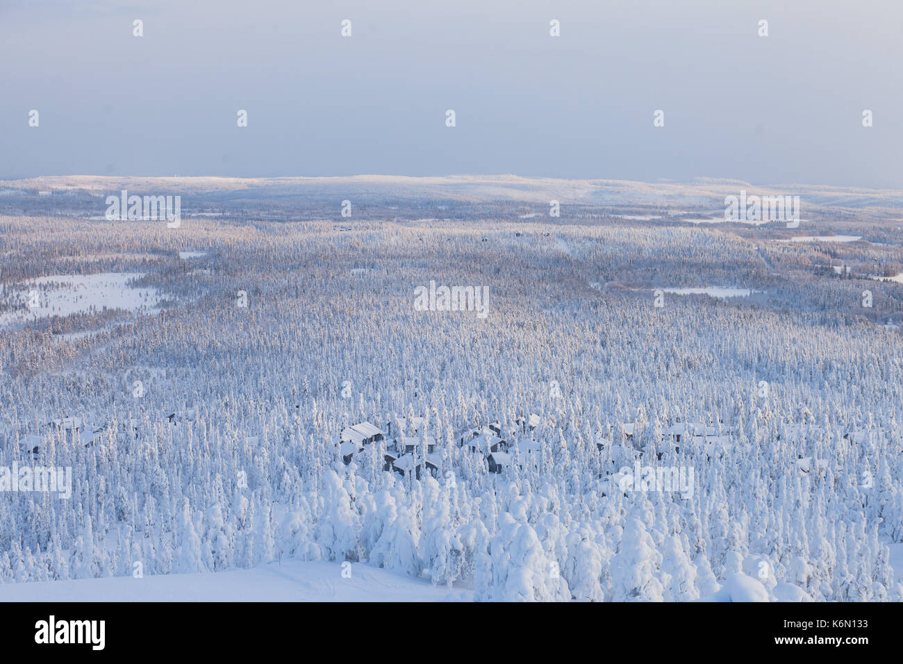 Beautiful cold mountain view of ski resort, sunny winter day with slope ...