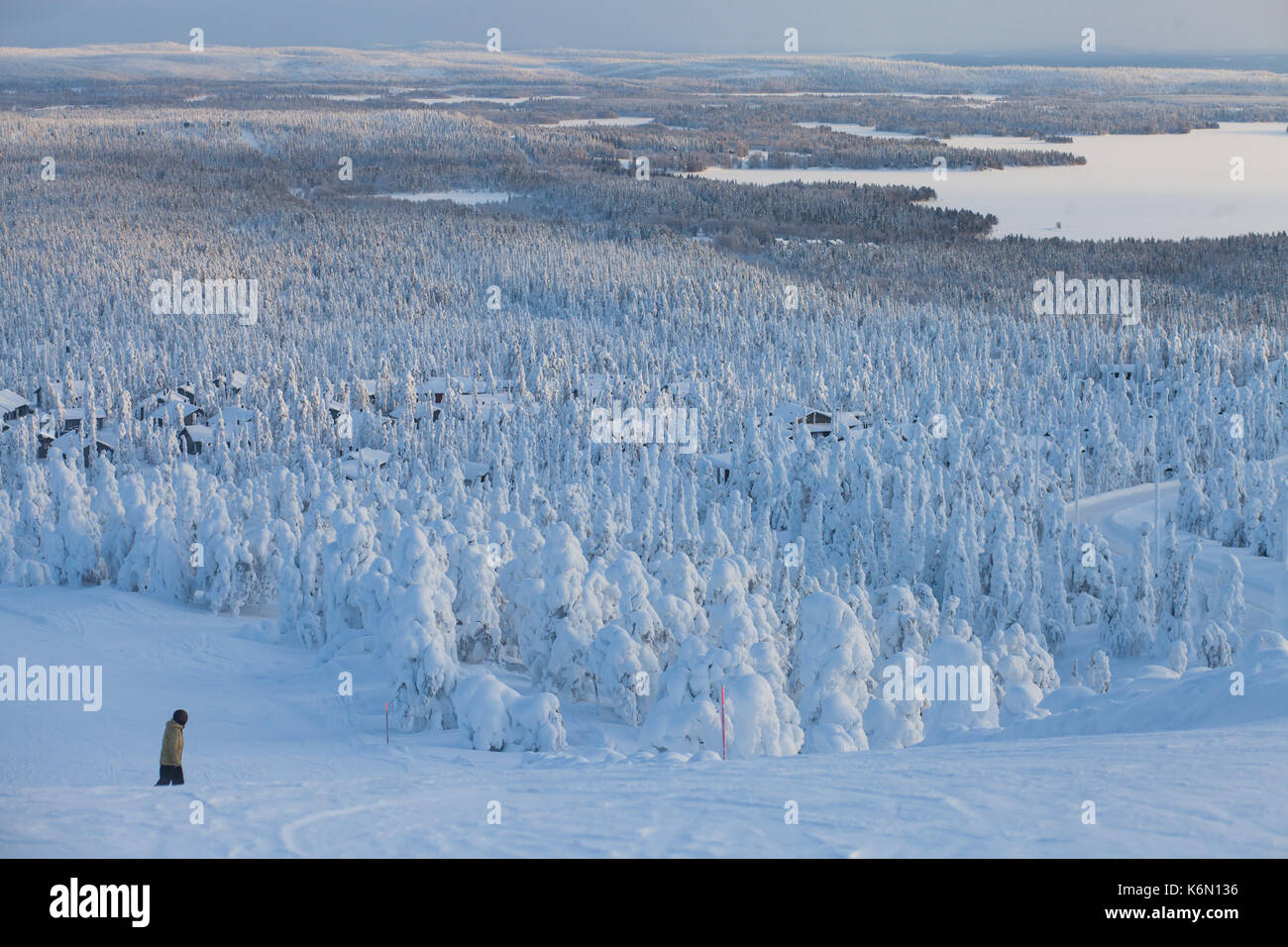 Beautiful cold mountain view of ski resort, sunny winter day with slope ...