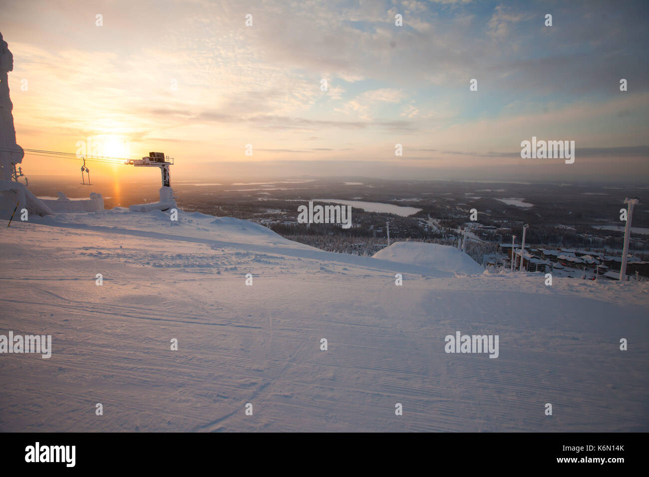 Beautiful cold mountain view of ski resort, sunny winter day with slope ...