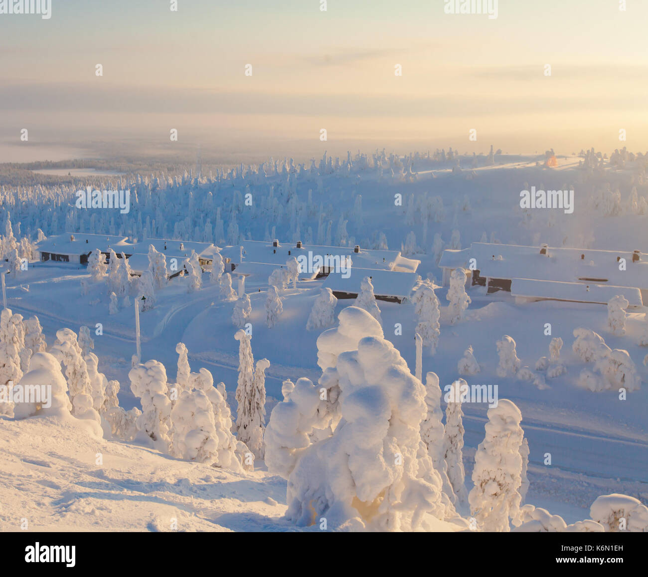Beautiful cold mountain view of ski resort, sunny winter day with slope ...