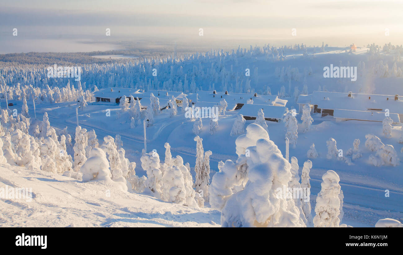 Beautiful cold mountain view of ski resort, sunny winter day with slope ...