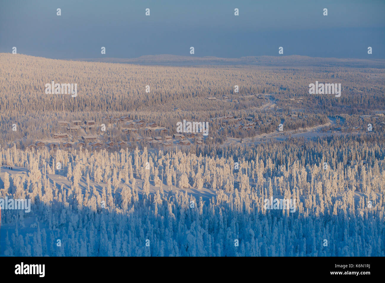 Beautiful cold mountain view of ski resort, sunny winter day with slope ...