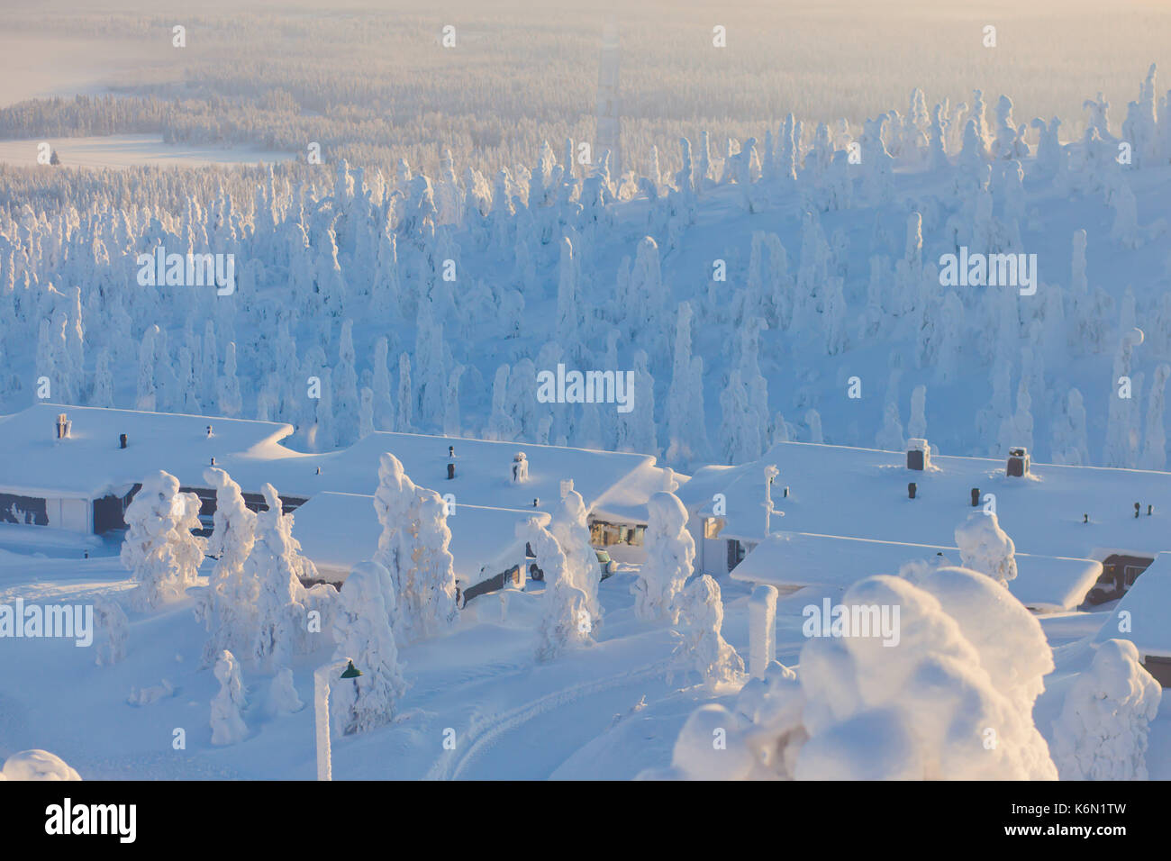 Beautiful cold mountain view of ski resort, sunny winter day with slope ...