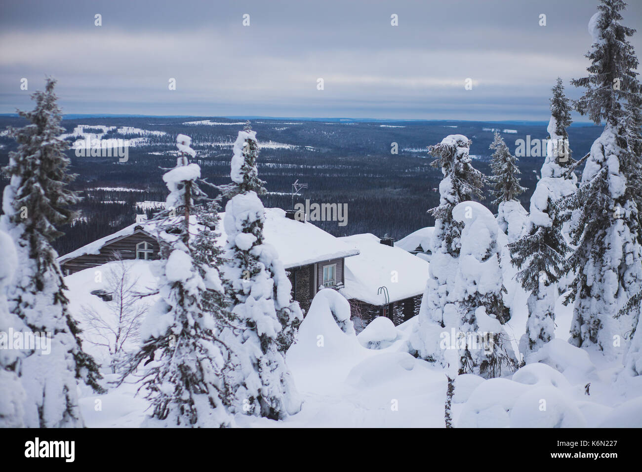 Beautiful cold mountain view of ski resort, sunny winter day with slope ...