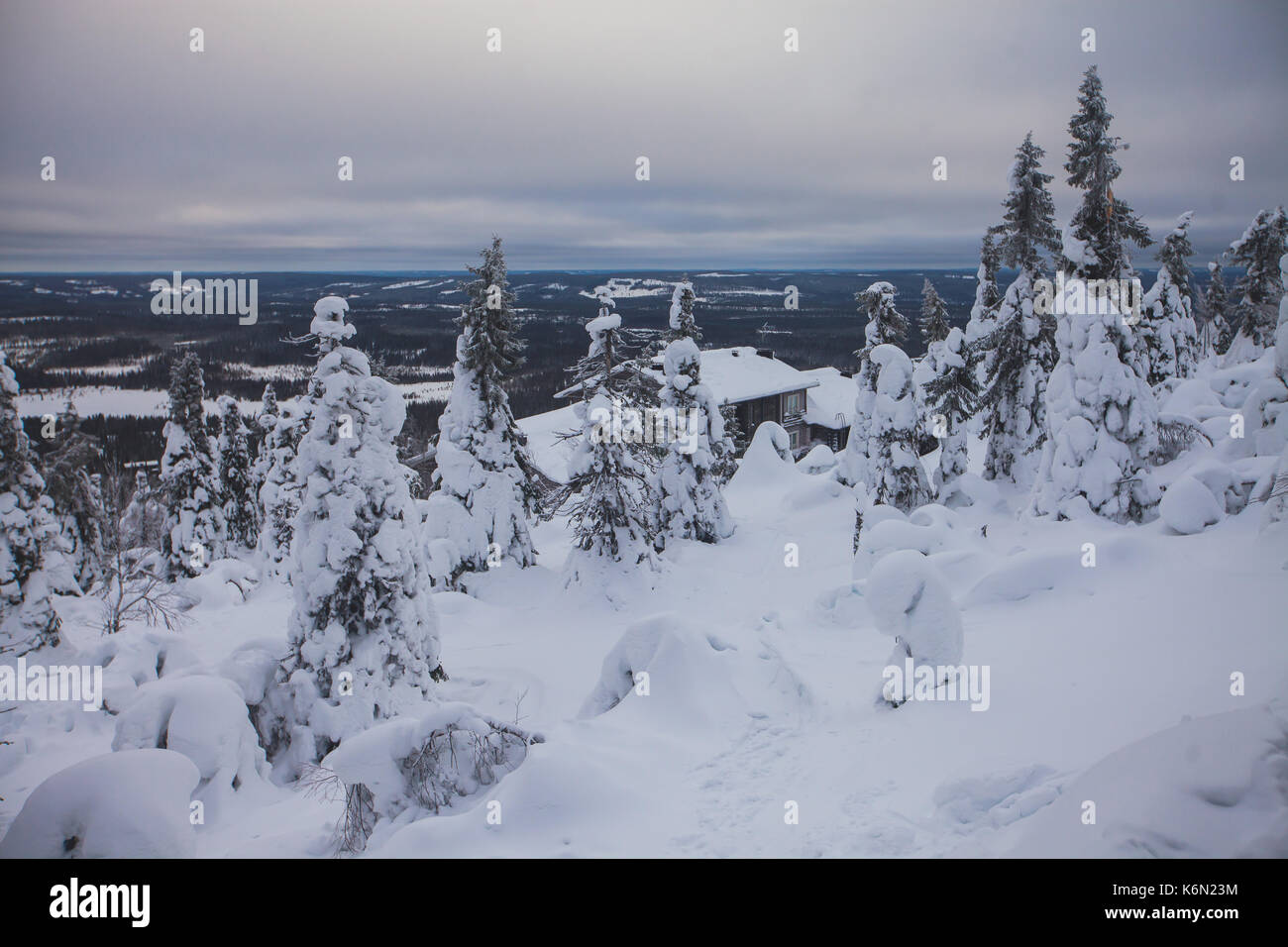 Beautiful cold mountain view of ski resort, sunny winter day with slope ...