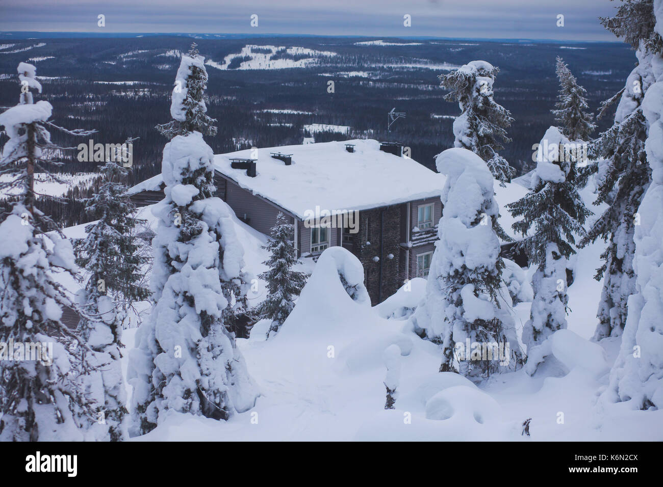 Beautiful cold mountain view of ski resort, sunny winter day with slope ...