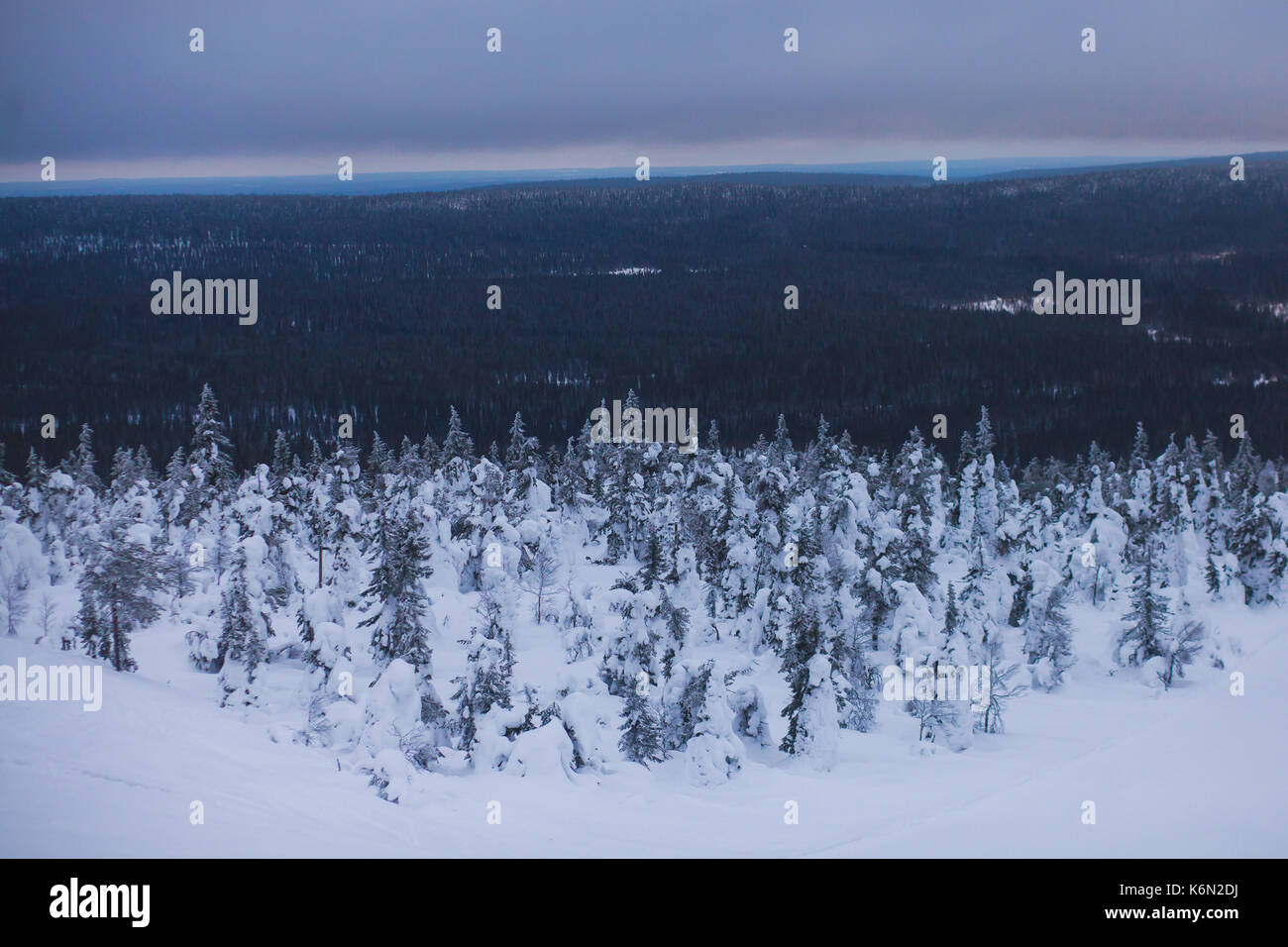 Beautiful cold mountain view of ski resort, sunny winter day with slope ...
