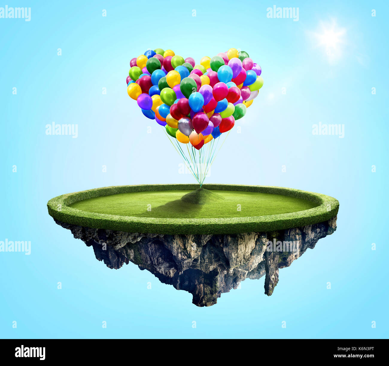 Amazing island with love heart colorful balloons floating in the air ...