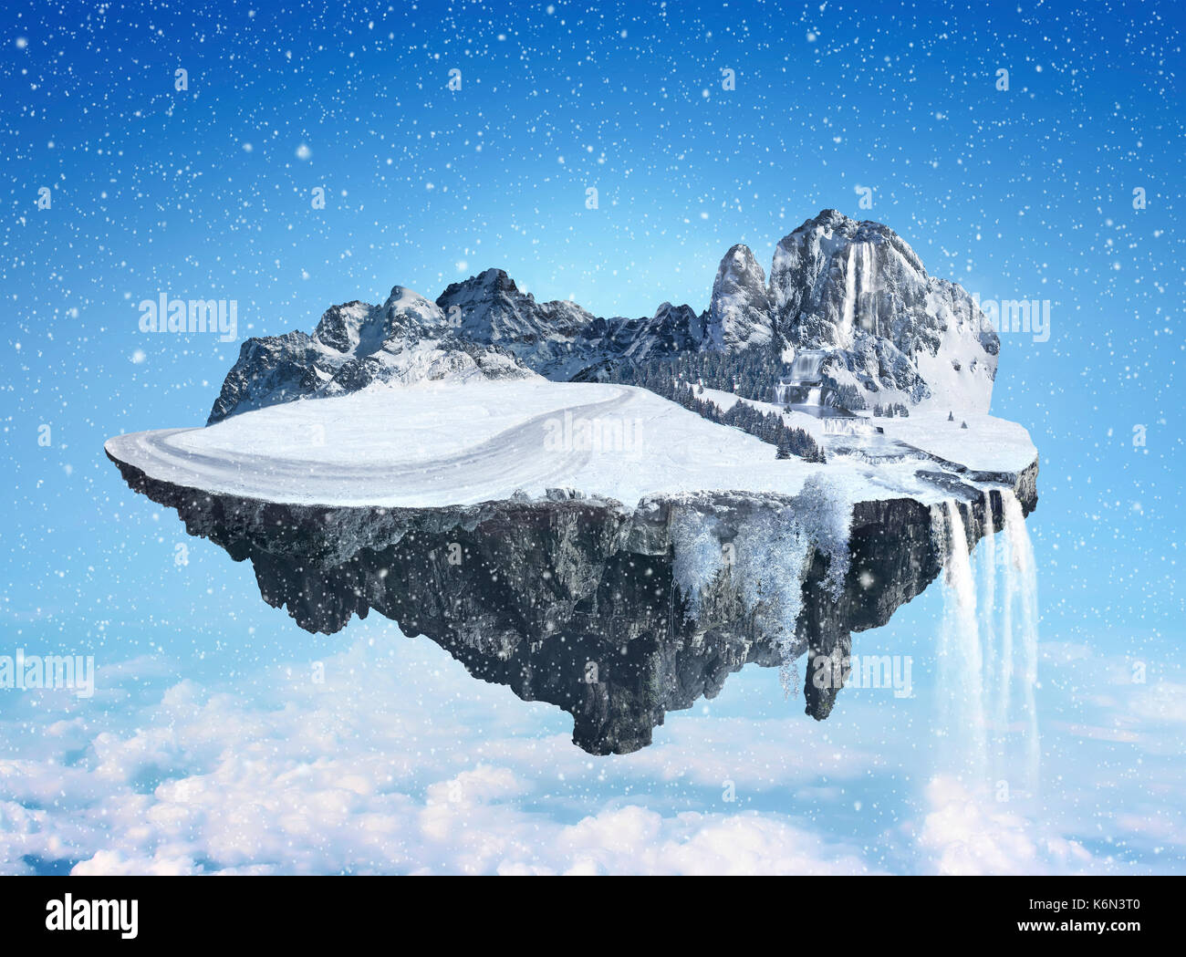 Amazing winter island with grove floating in the air with water fall ...