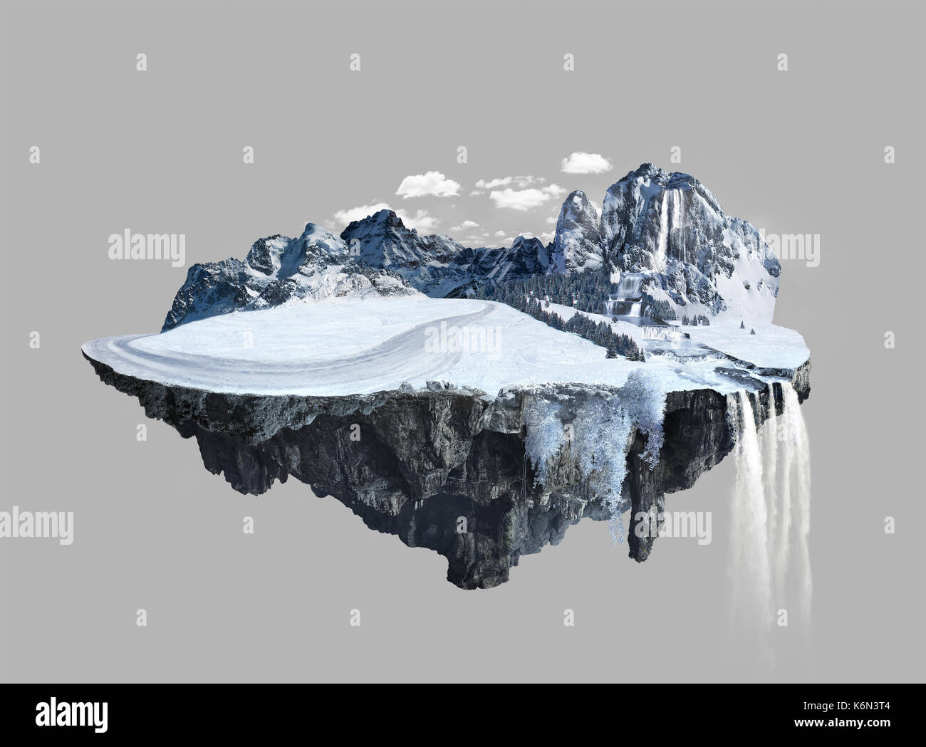 Amazing winter island with grove floating in the air with water fall ...