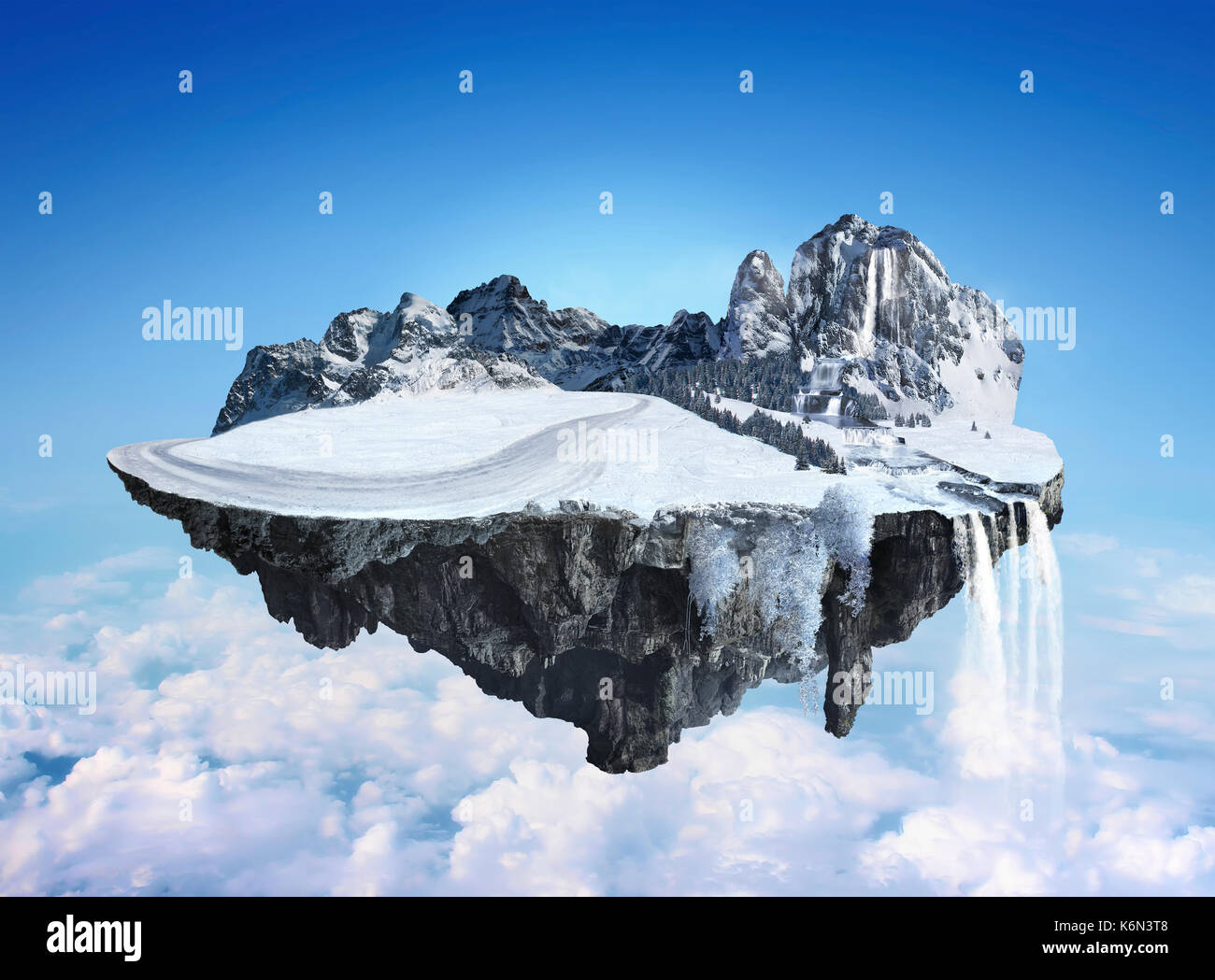 Amazing winter island with grove floating in the air with water fall ...