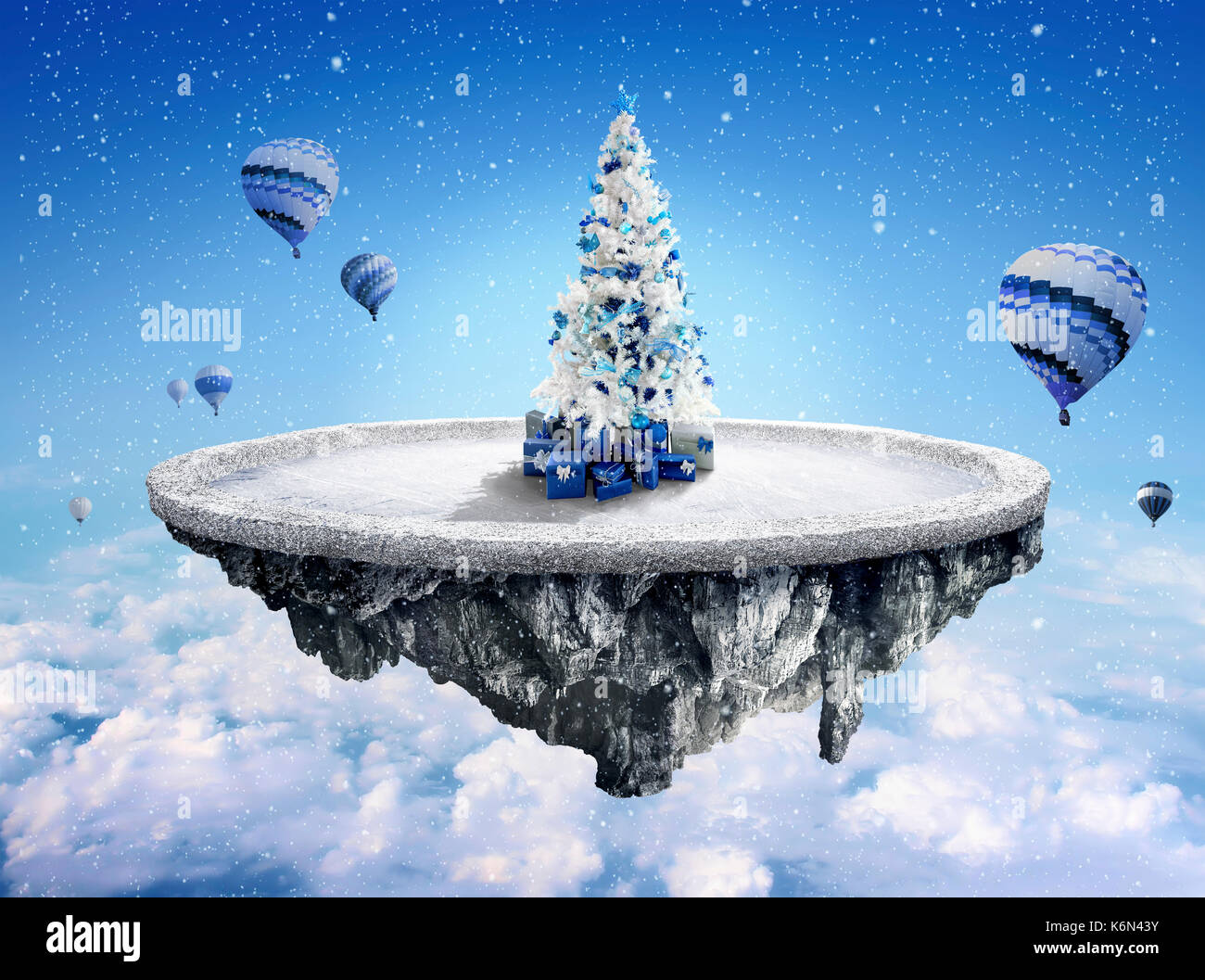 Amazing fantasy scenery with floating islands with white Christmas tree ...