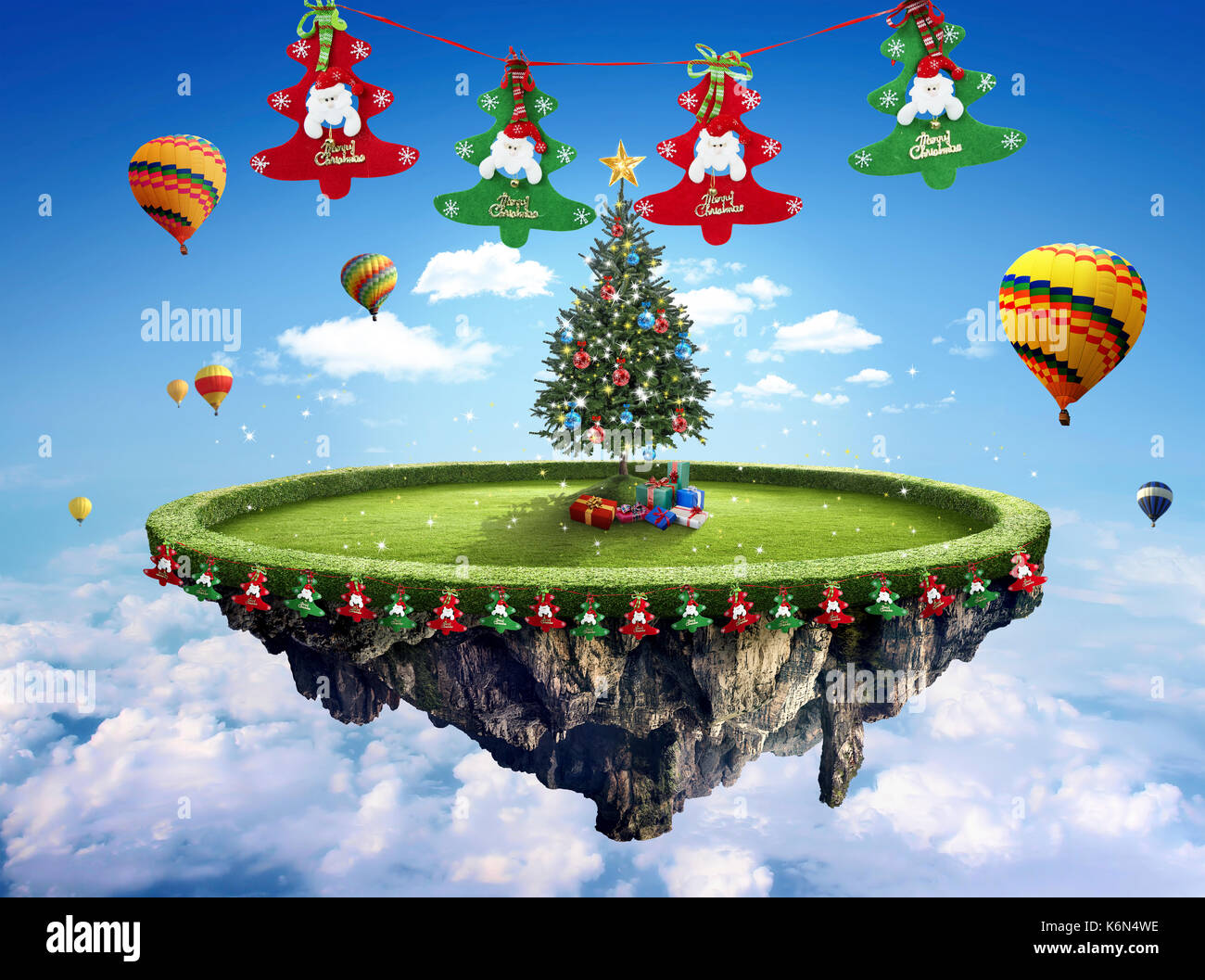 Amazing fantasy scenery with floating islands with Christmas tree, hot ...