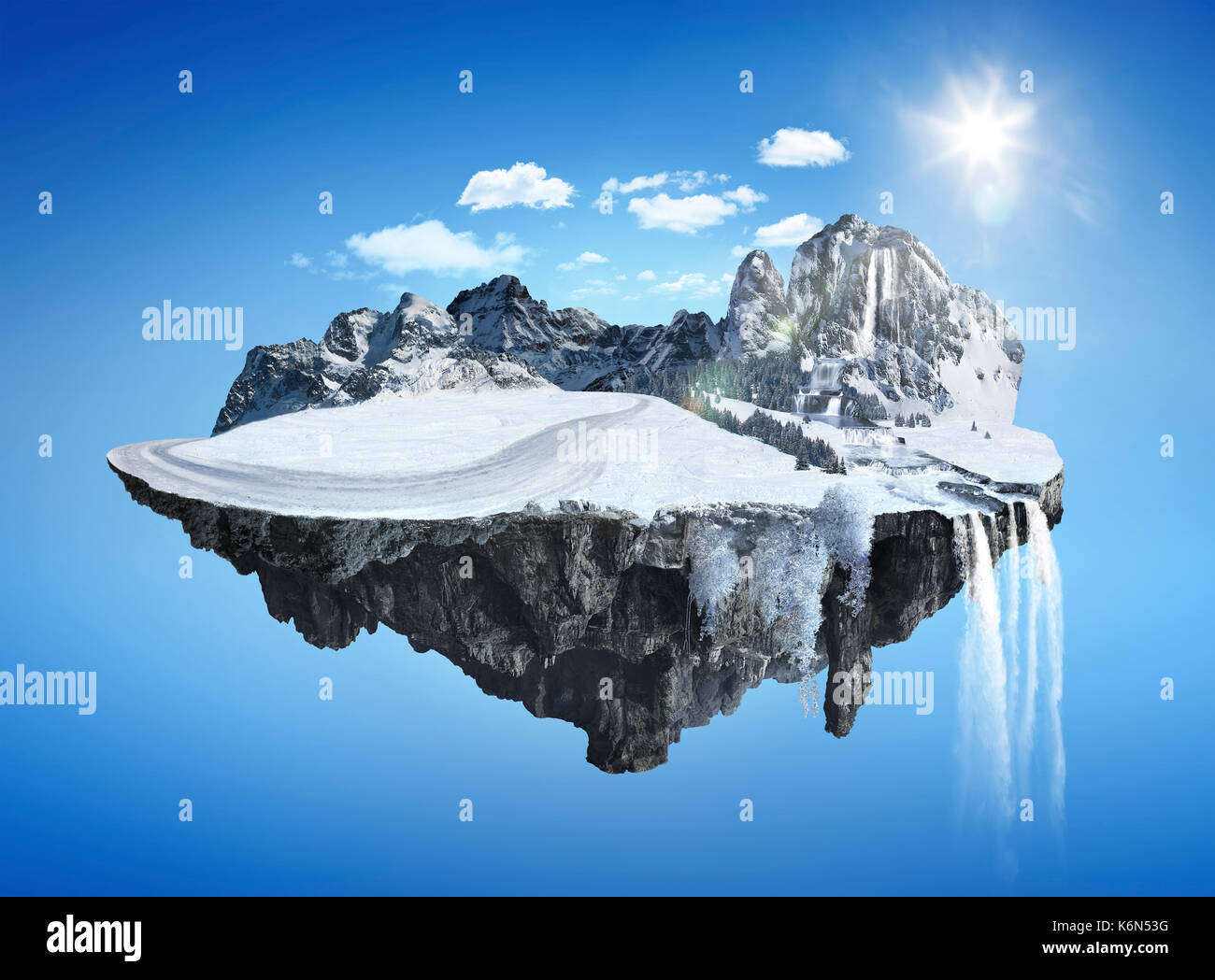 Magic winter island with floating islands, water fall and snow Stock ...